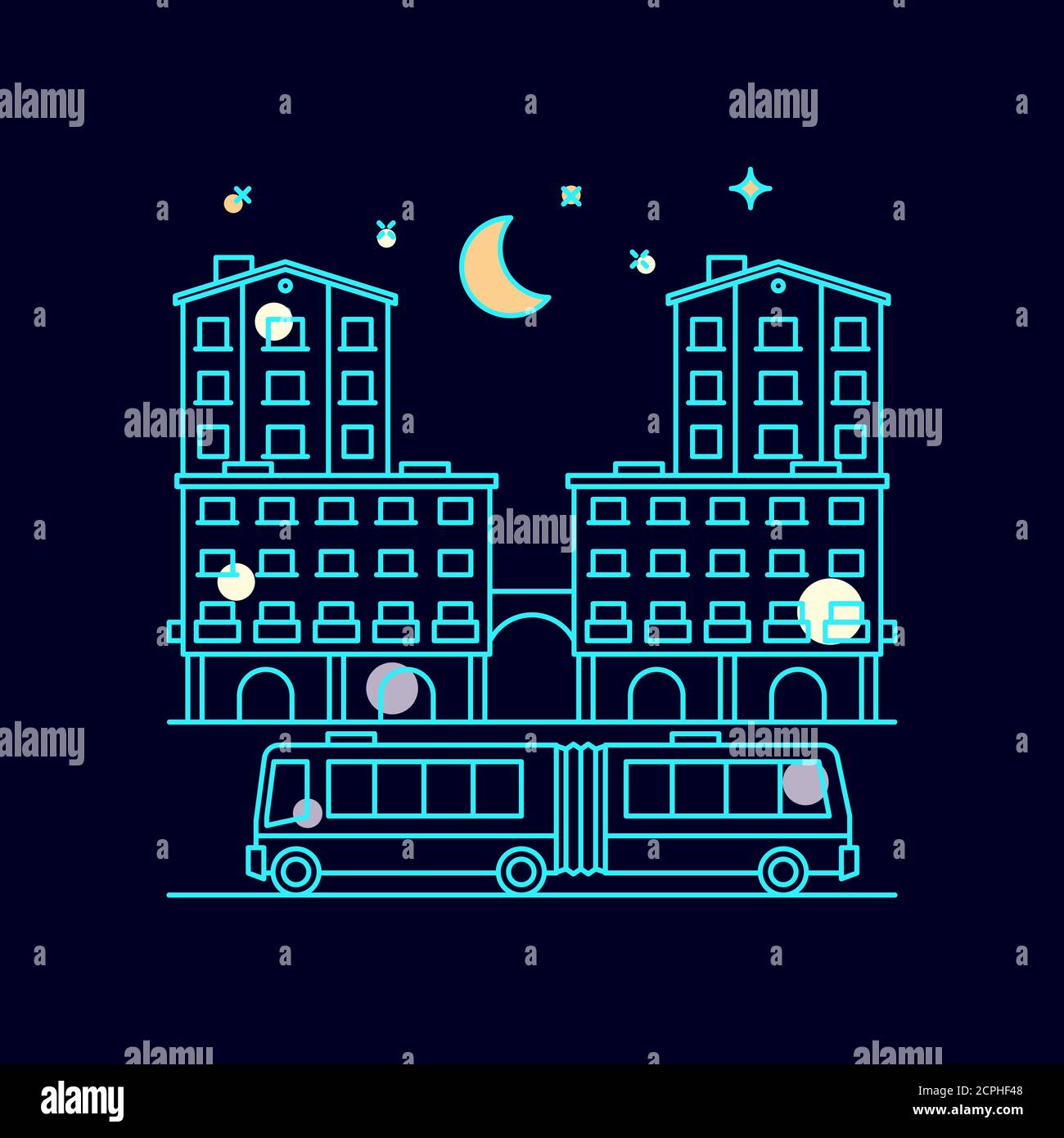 Night city landscape with moon, stars and homes, bus, vector ...