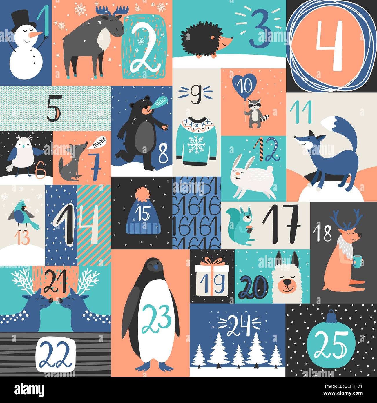 Xmas advent calendar. Christmas days calendar countdown with winter ...