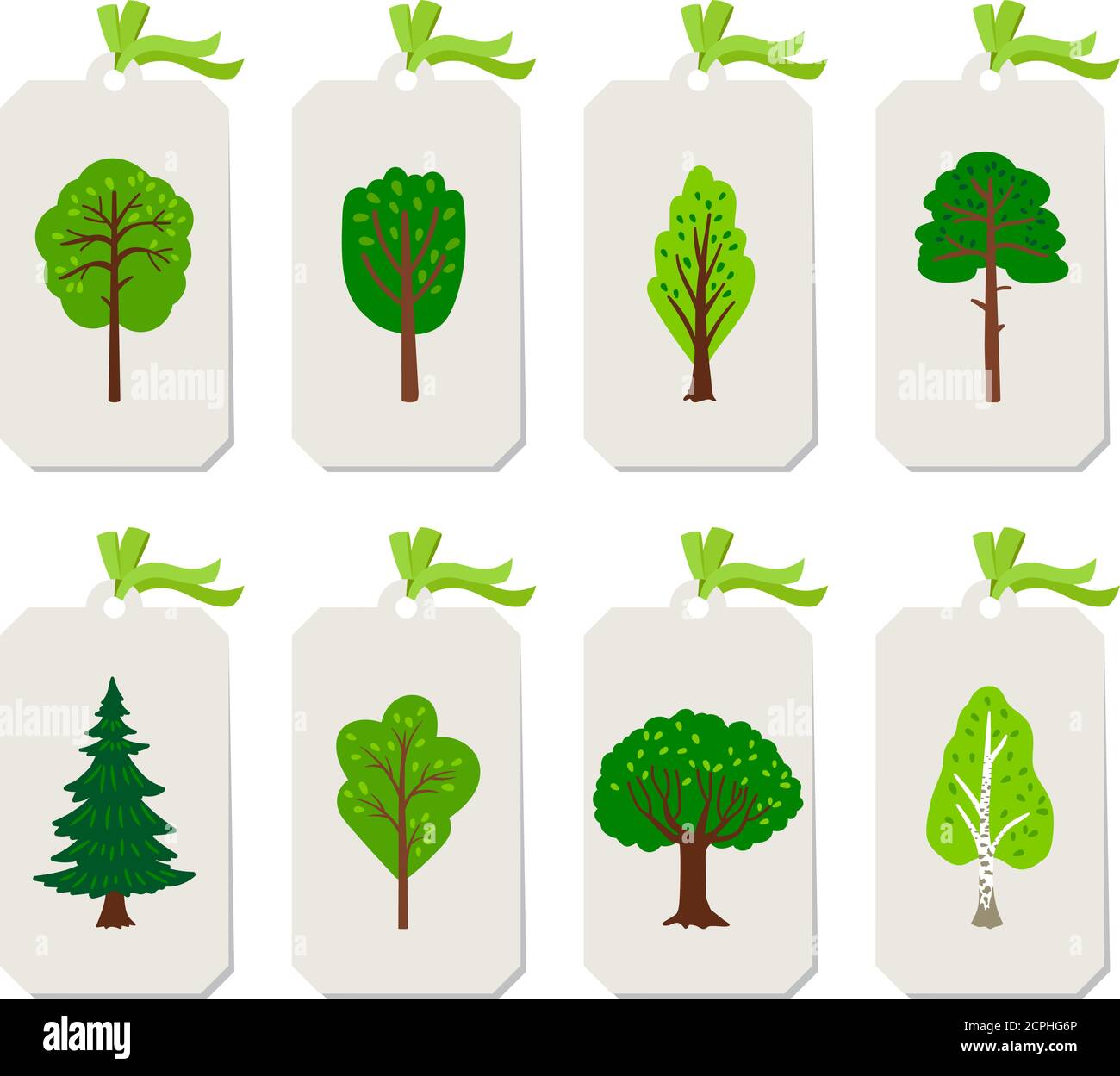 Tree tags. Cartoon forest trees tag set with bows isolated on white ...