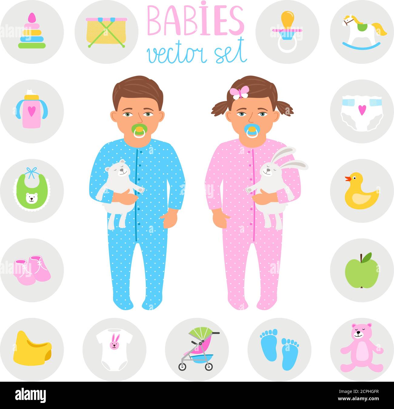 Babies vector set. Little infants boy and girl in cartoon style, happy ...