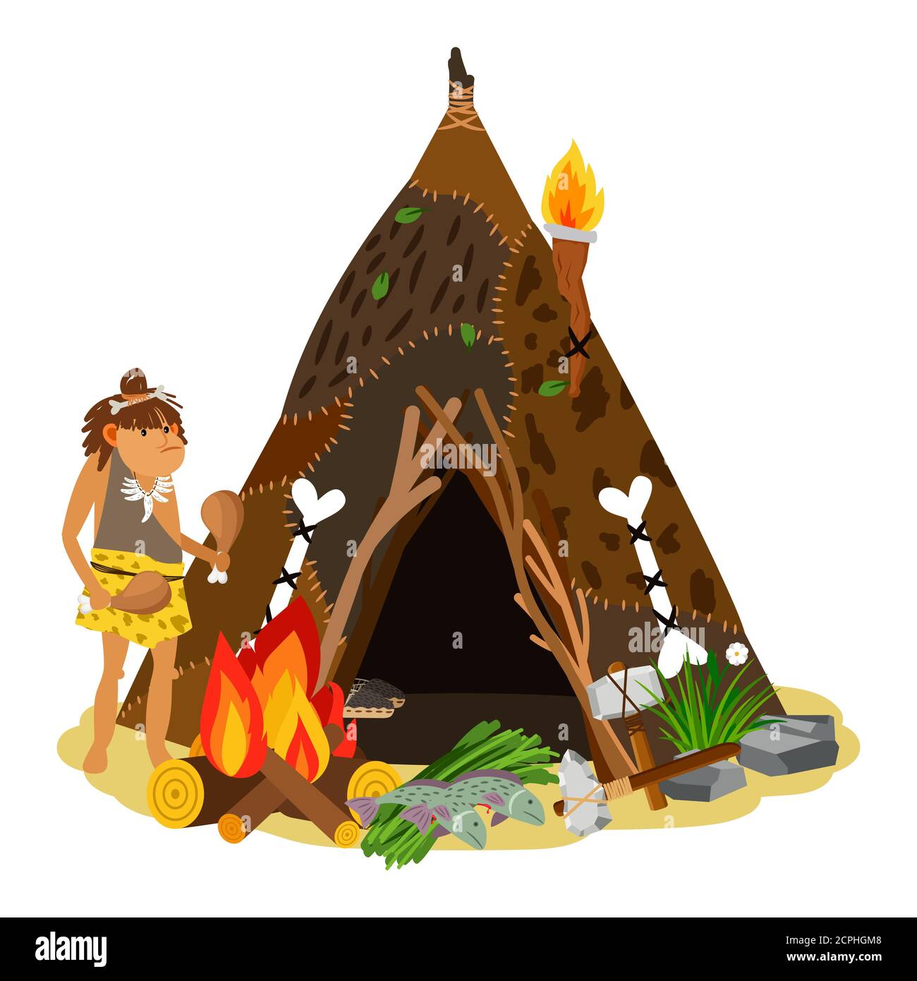 Young ancient girl cooking at open fire. Cave, stone age house ...