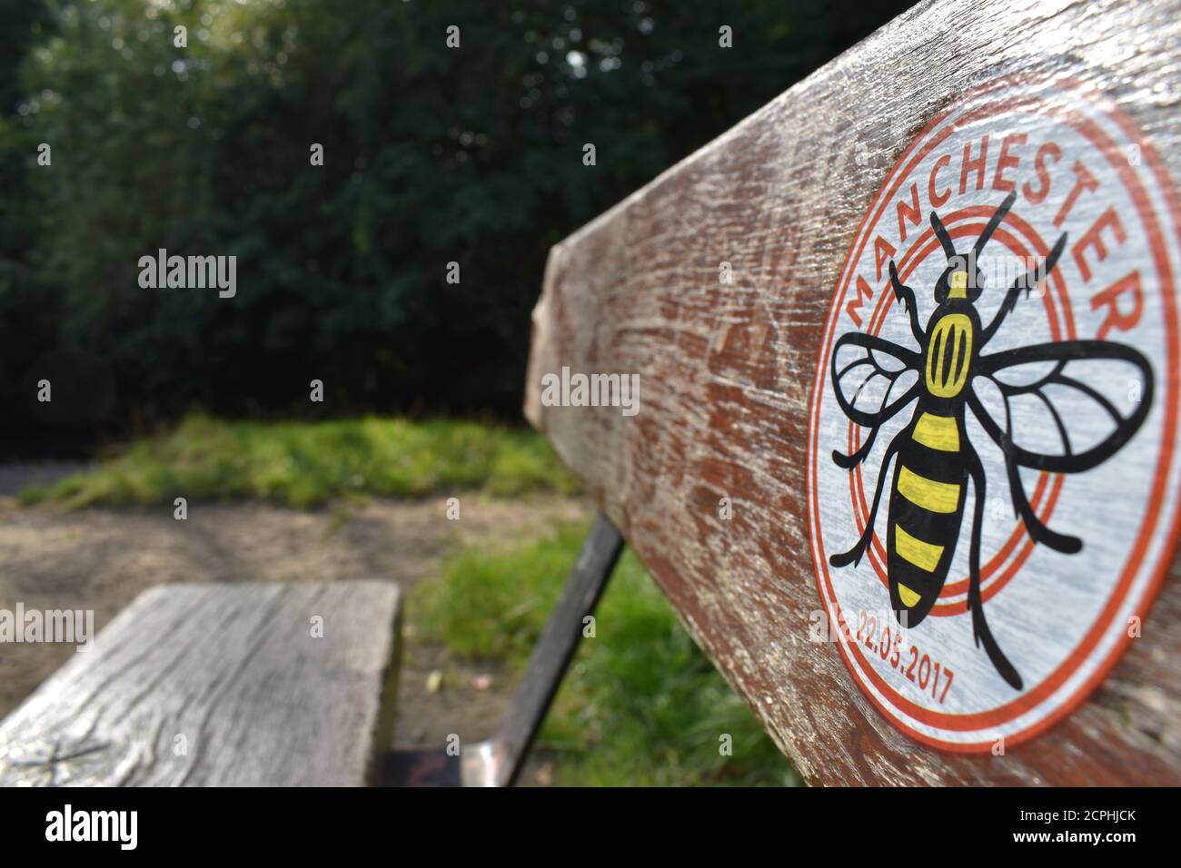 Manchester Bee Memorial on bench at Daisy Nook Country Park, Manchester ...