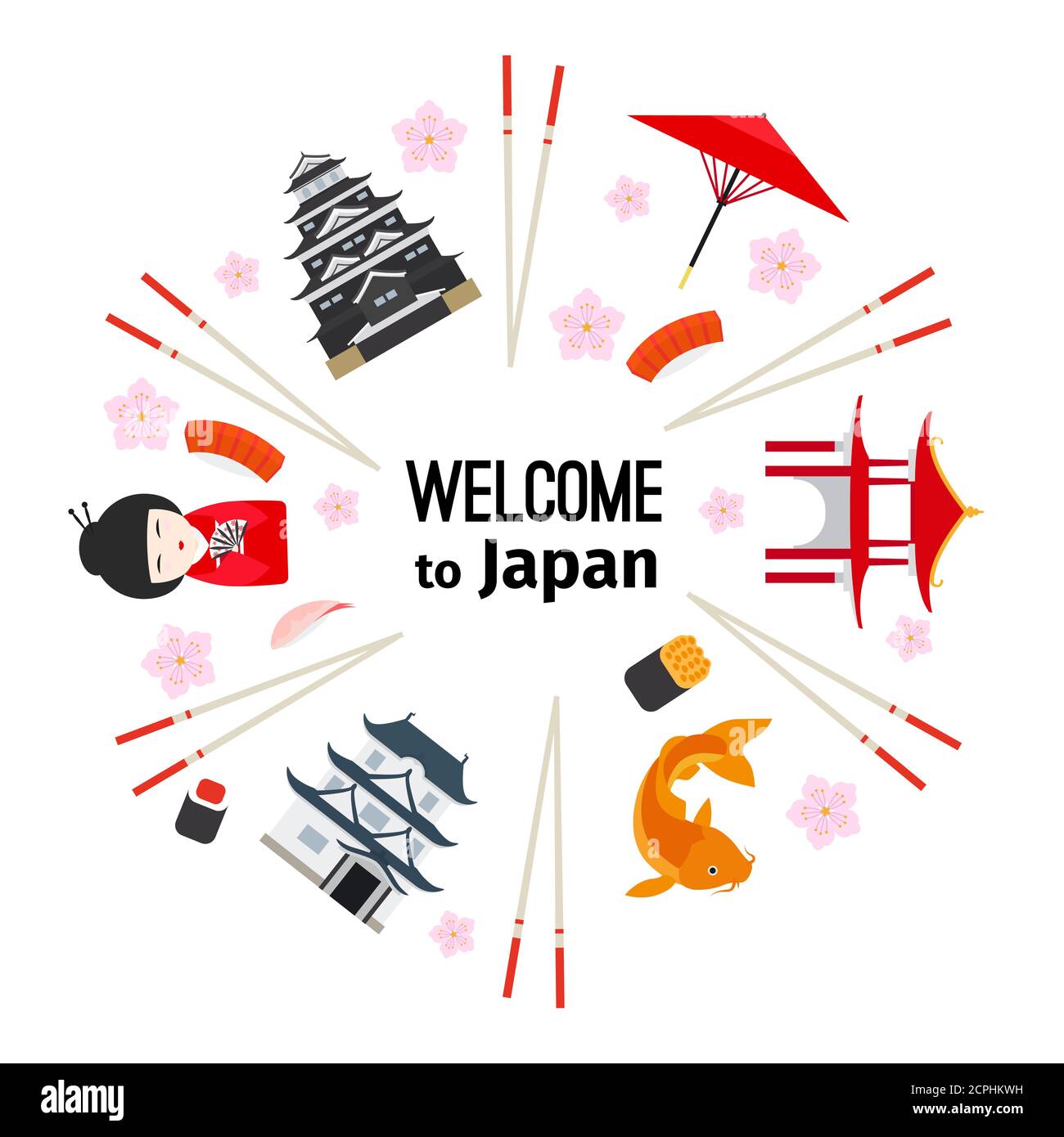 Japanese symbols round emblem isolated on white background, with carp ...