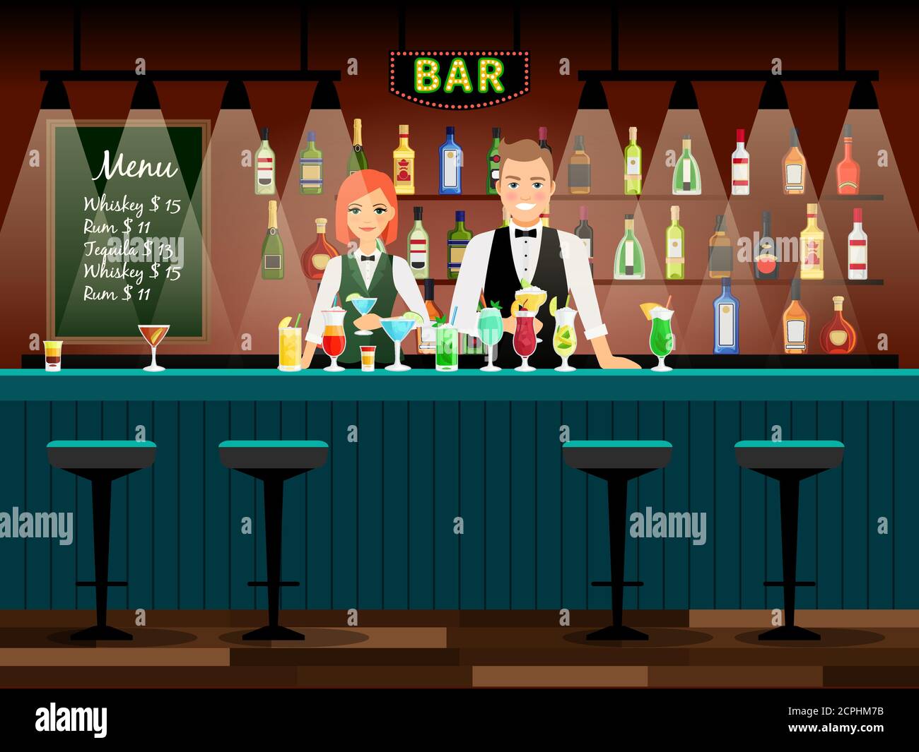 Male and female bartenders vector background. Bar vector illustration ...