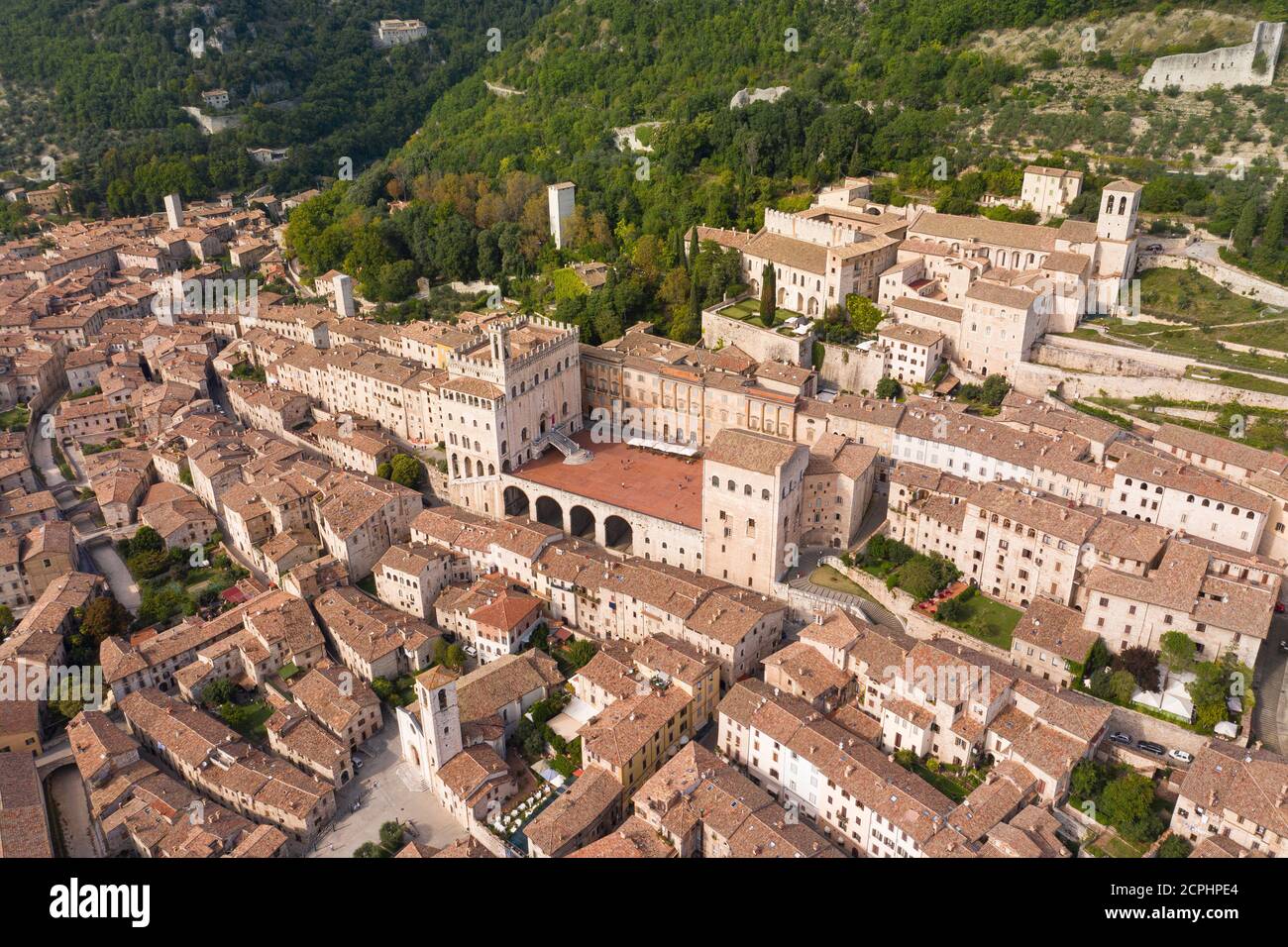 aerial view of the historic center of the medieval town of gubbio ...