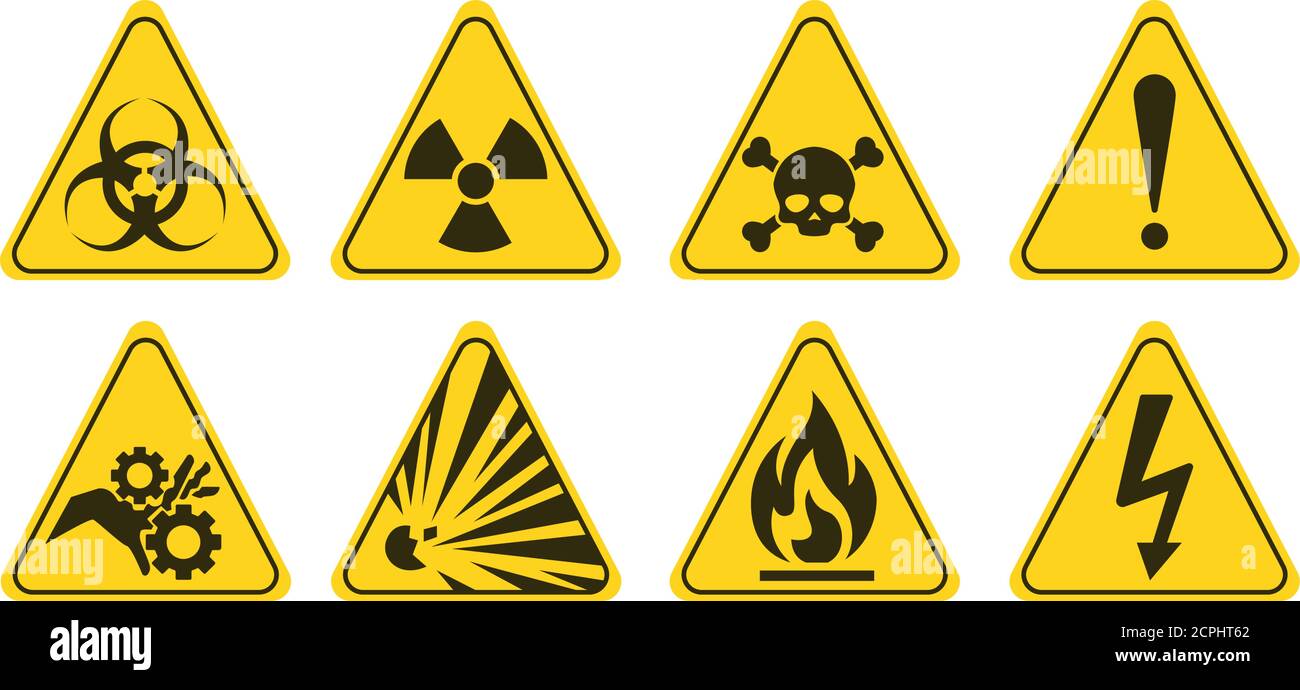 Attention dangerous yellow elements set. Warning signs. Pictograms for ...