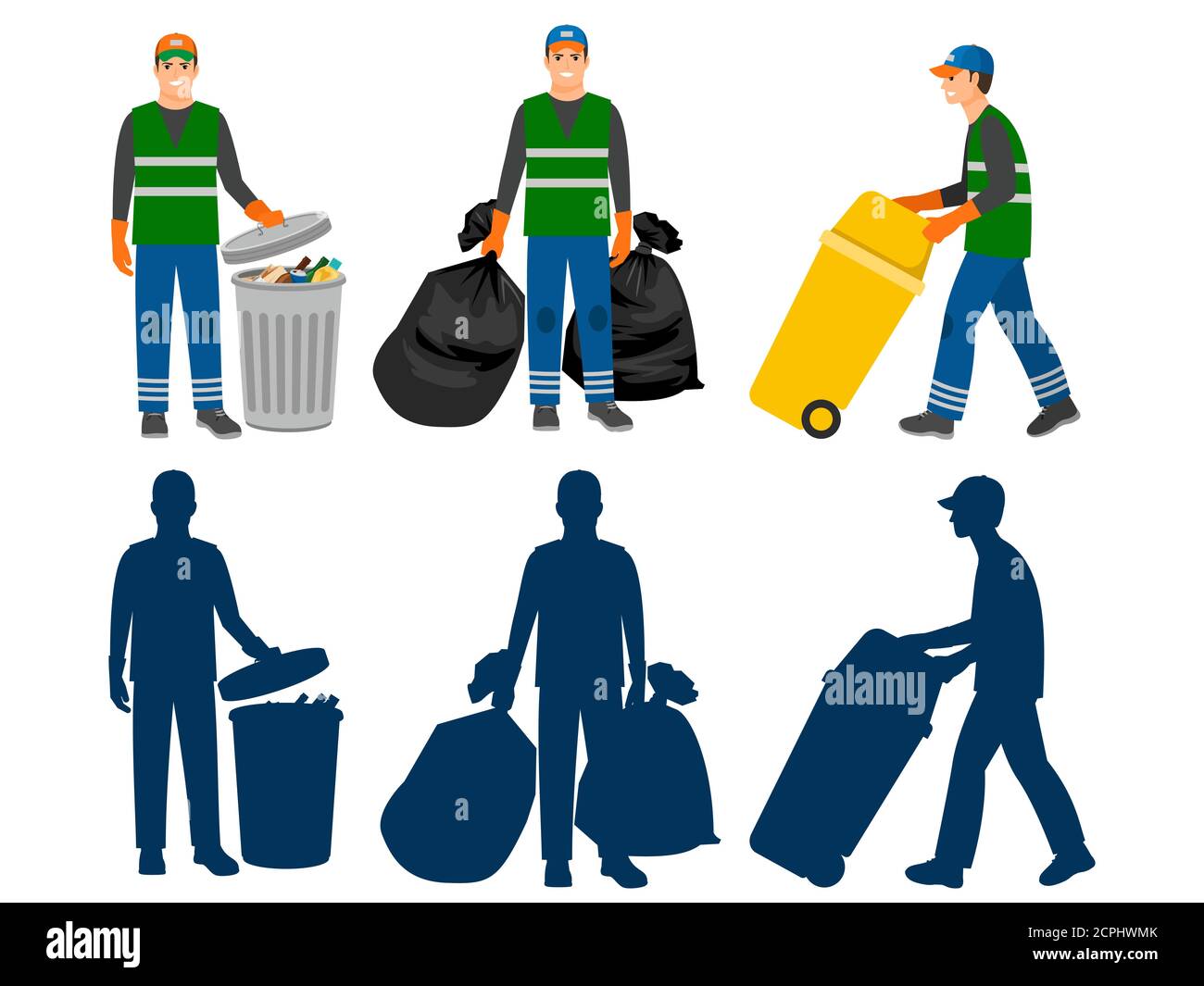Garbage man cartoon characters and silhouettes vector illustration ...