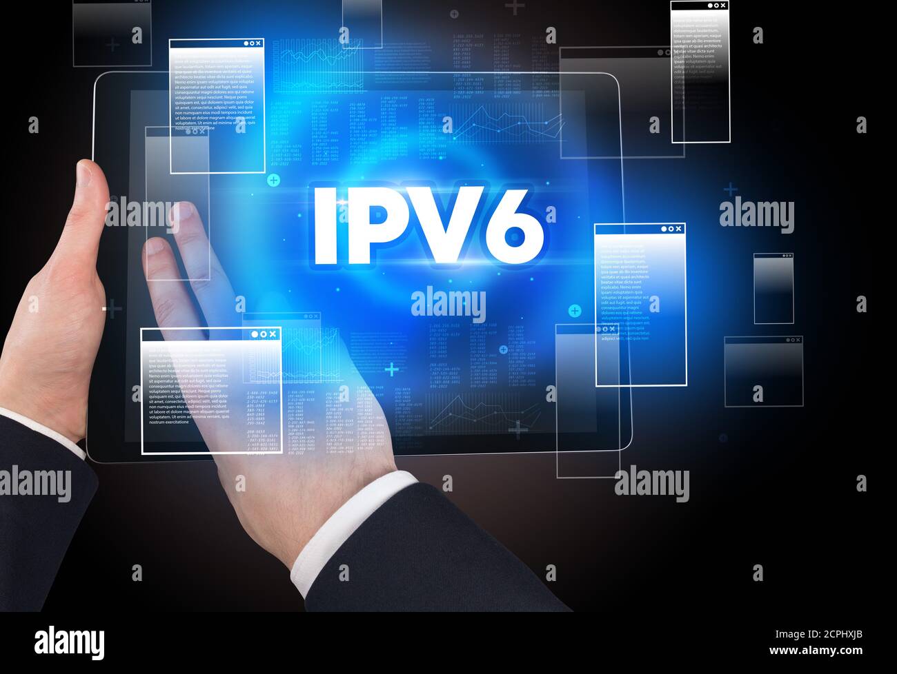 Close-up of a hand holding tablet with IPV6 abbreviation, modern ...