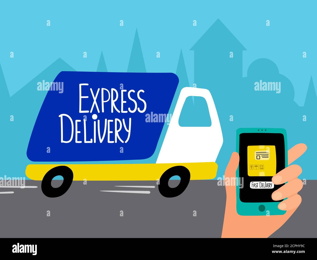 Online delivery service vector concept. Delivery truck, hand with phone ...
