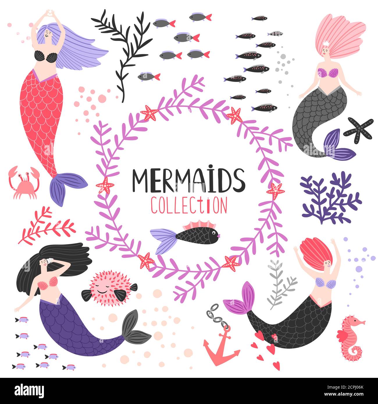 Cartoon character mermaids and fishes vector collection on white ...