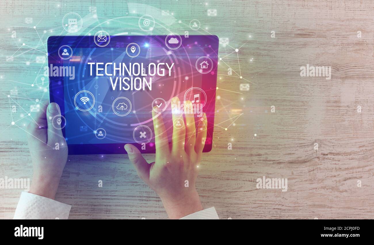 Close-up of a tablet with TECHNOLOGY VISION inscription, innovative ...
