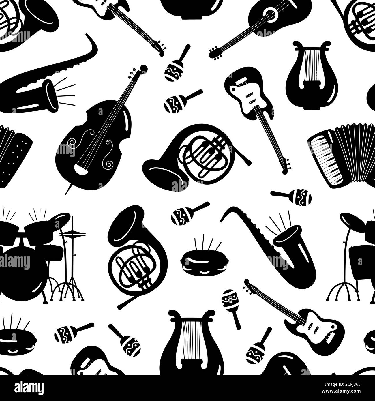 Black and white music instruments seamless pattern design. Guitar ...