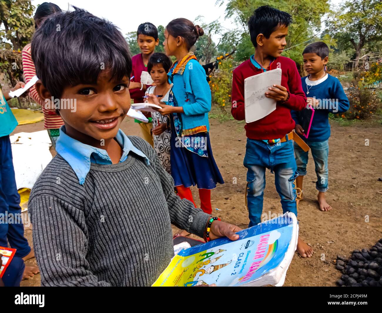 DISTRICT KATNI, INDIA - JANUARY 01, 2020: Asian poor farmers kids ...