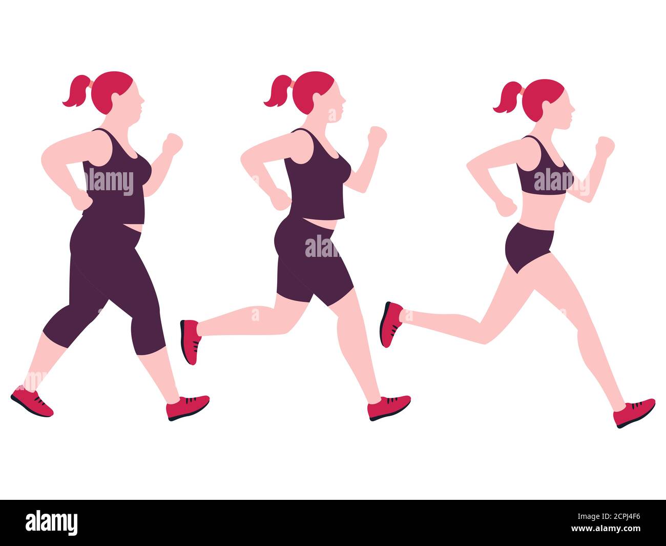 Jogging weight loss woman. Overweight fat lady and fitness slim girl ...