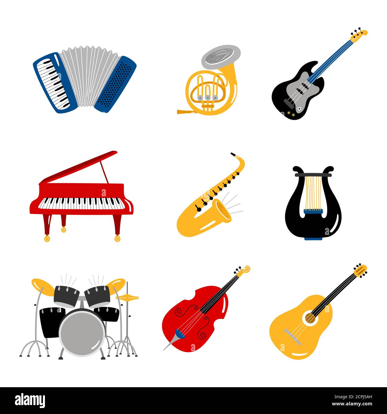Popular music instruments vector icons of set. Musical instrument harp ...