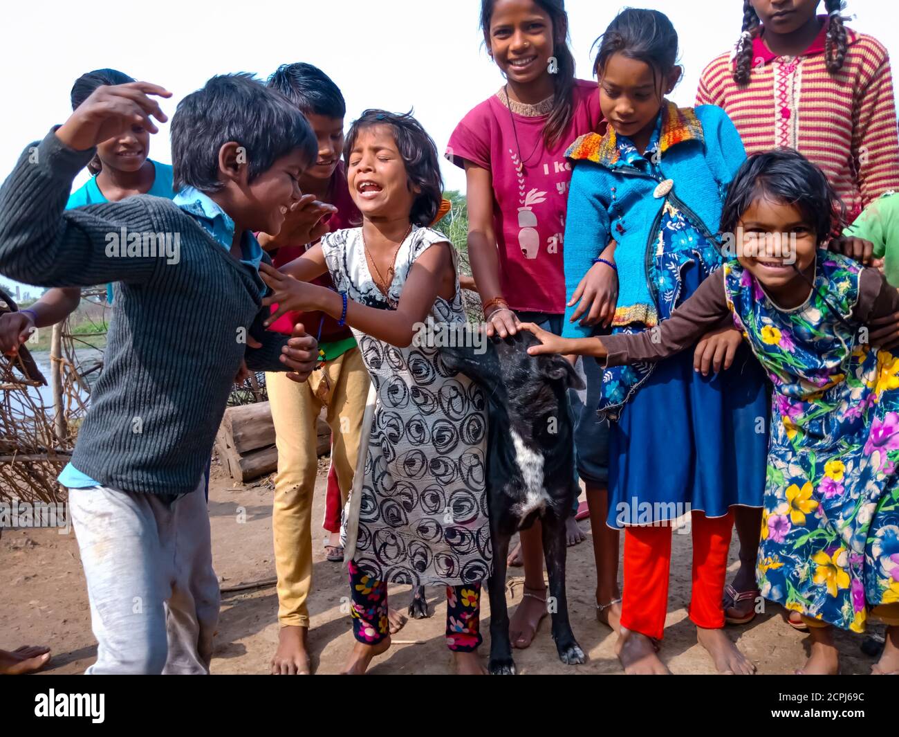 DISTRICT KATNI, INDIA - JANUARY 01, 2020: Asian poor village children ...
