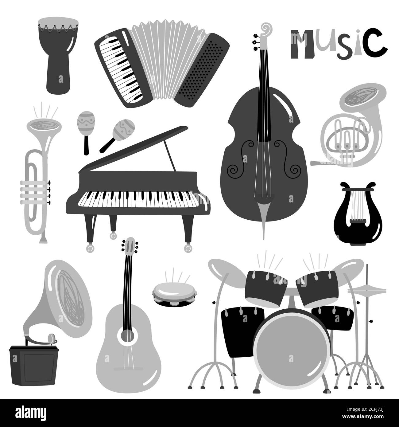 Monochrome vector music instruments of collection isolated. Musical ...