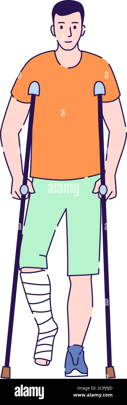Man with a broken leg in a bandage is standing on crutches flat vector ...