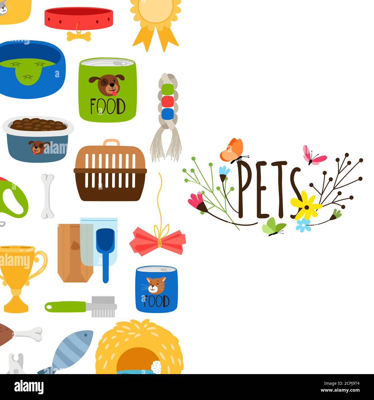 Vector pets background with pet shop icons. Pet comb, feed and leash ...