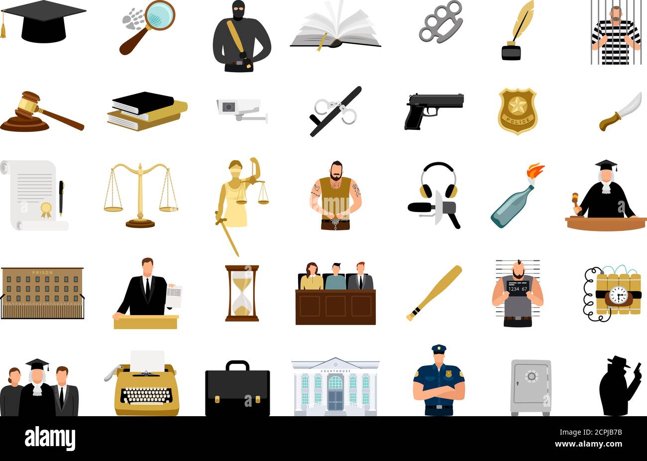 Justice flat icons. Criminal defense and lawyer briefcase, justice ...