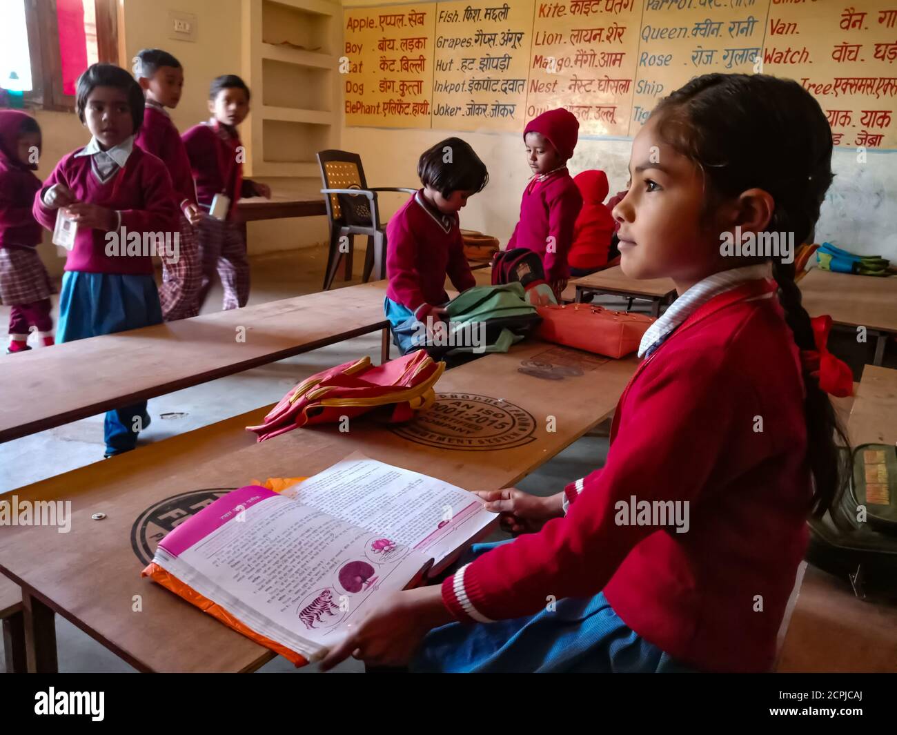 DISTRICT KATNI, INDIA - JANUARY 13, 2020: An indian primary school girl ...