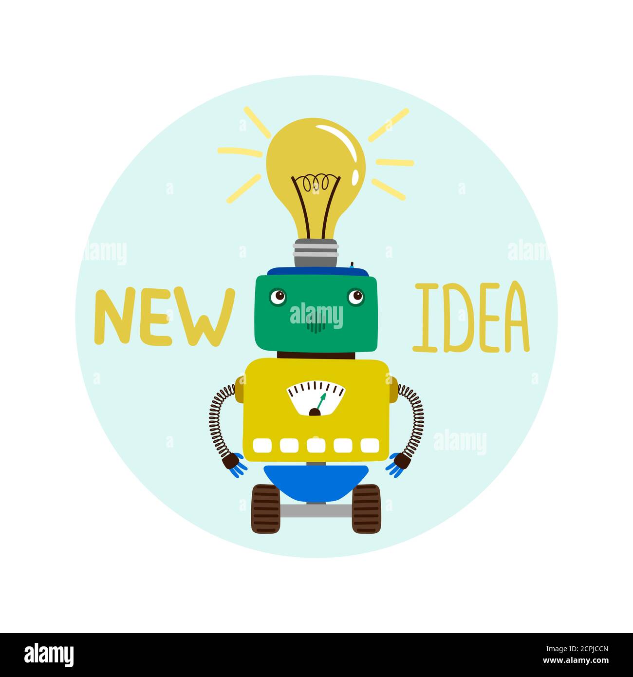 New idea vector concept illustration with cute boy robot, round emblem ...
