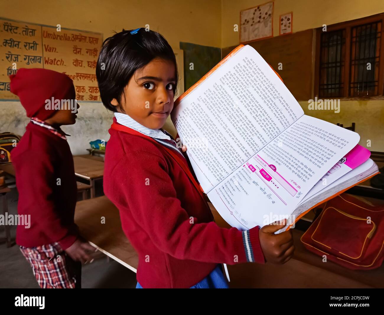 DISTRICT KATNI, INDIA - JANUARY 13, 2020: An indian primary school girl ...