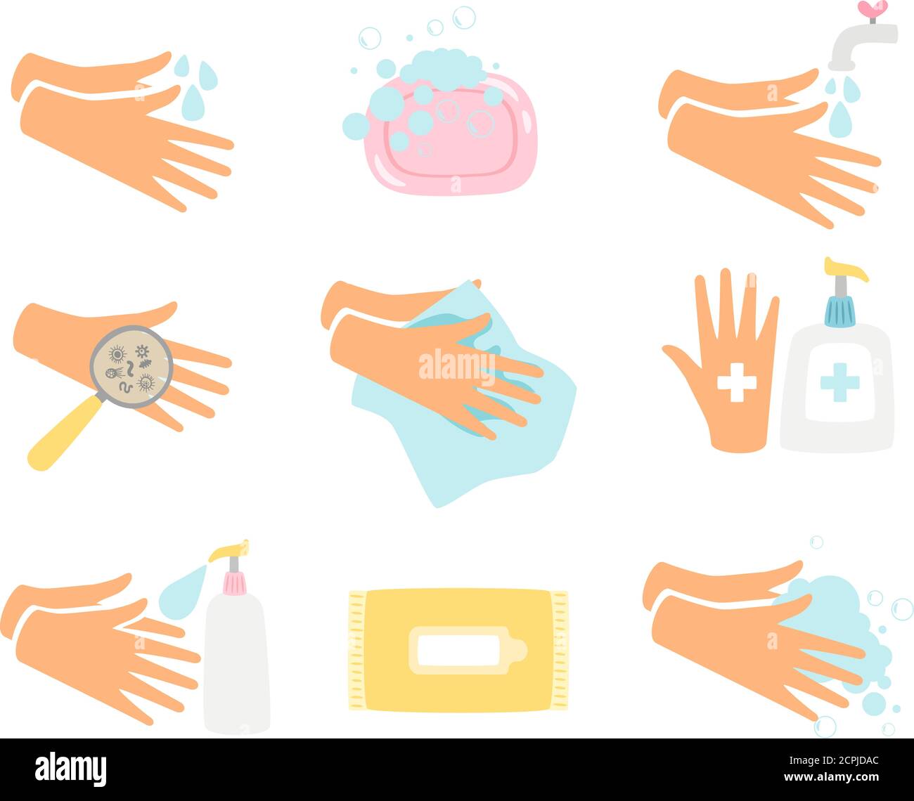 Hand hygiene. Hands washing vector illustration, infected, water washed ...