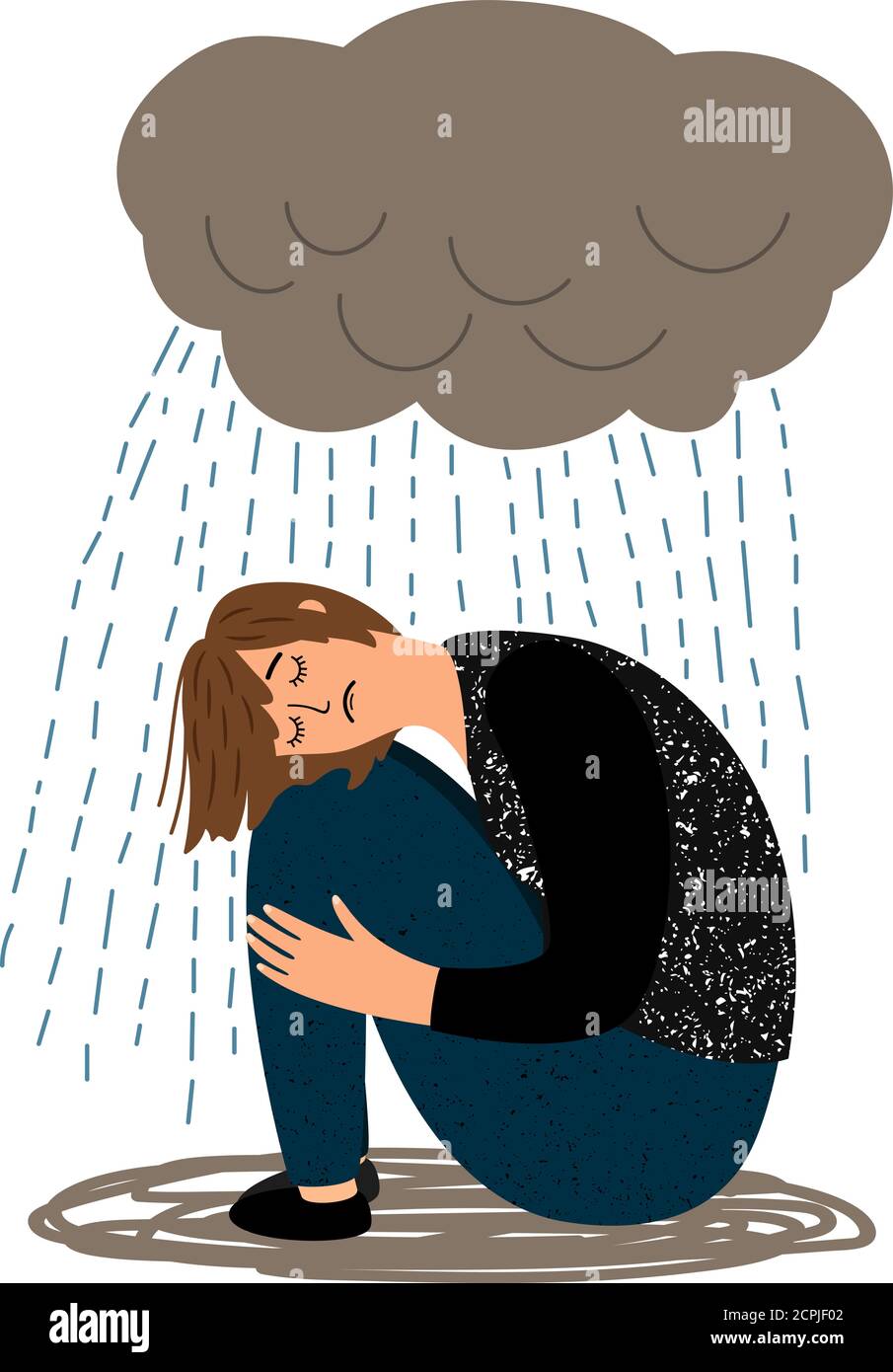 Depressed girl. Cartoon depressive woman and crying rain, ill sorrow ...