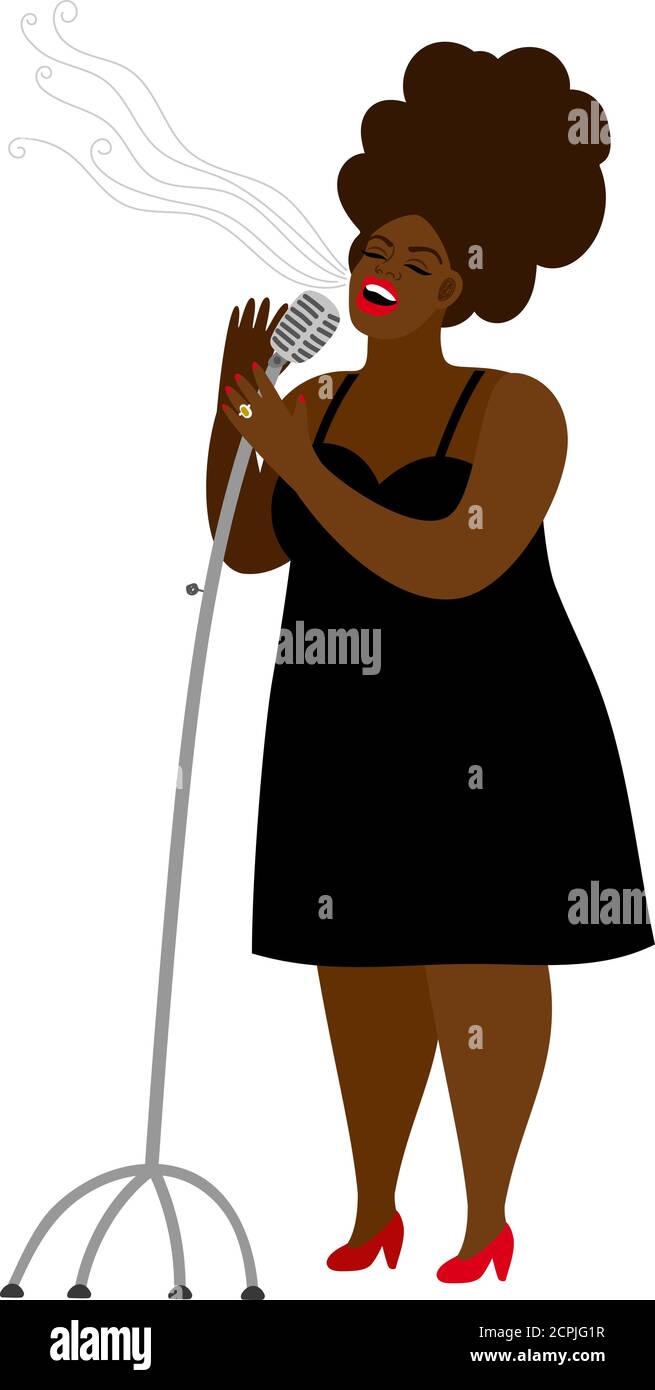 Jazz singer woman with microphone isolated on white. Jazz woman ...