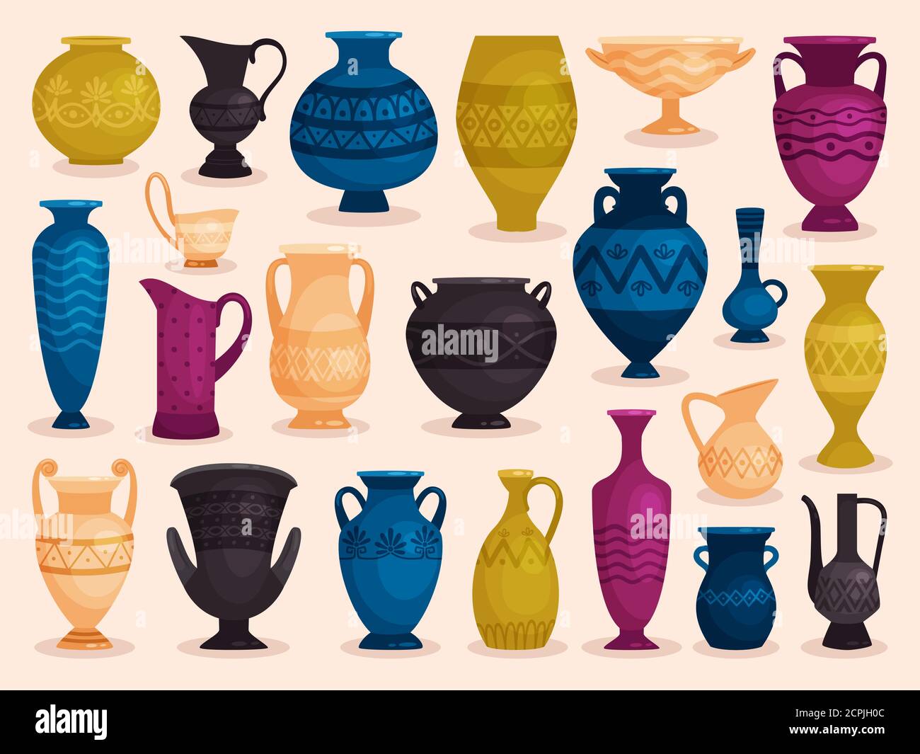 Set of colored antique vases. Vector illustration. Pottery ceramic, pot ...