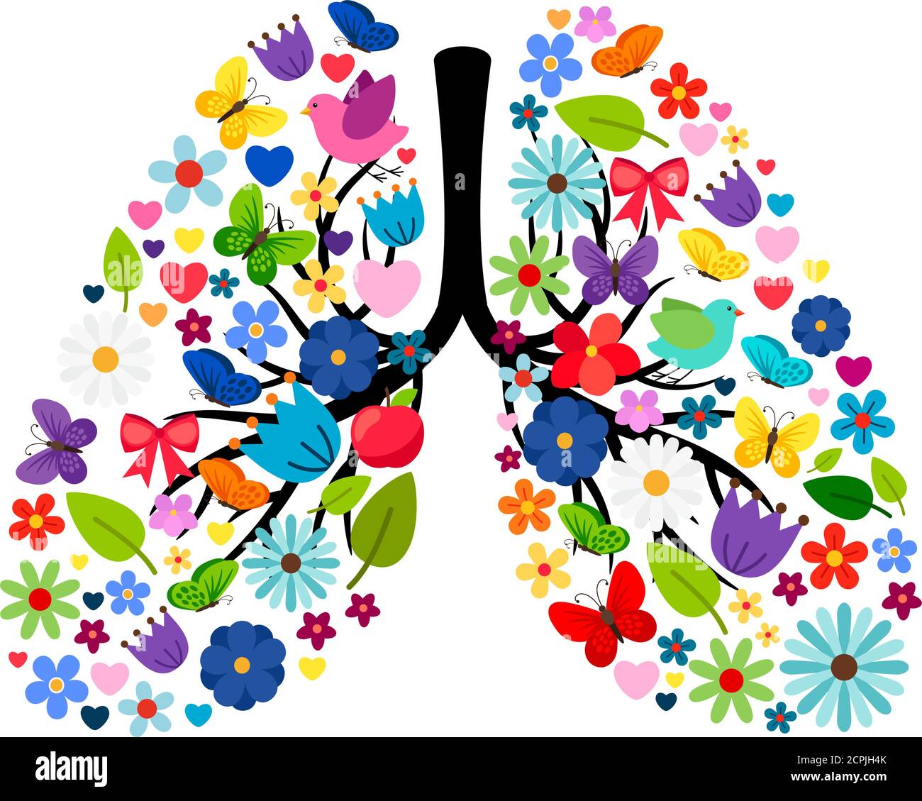 Butterflies and spring flowers in shape of human lungs. Vector floral ...