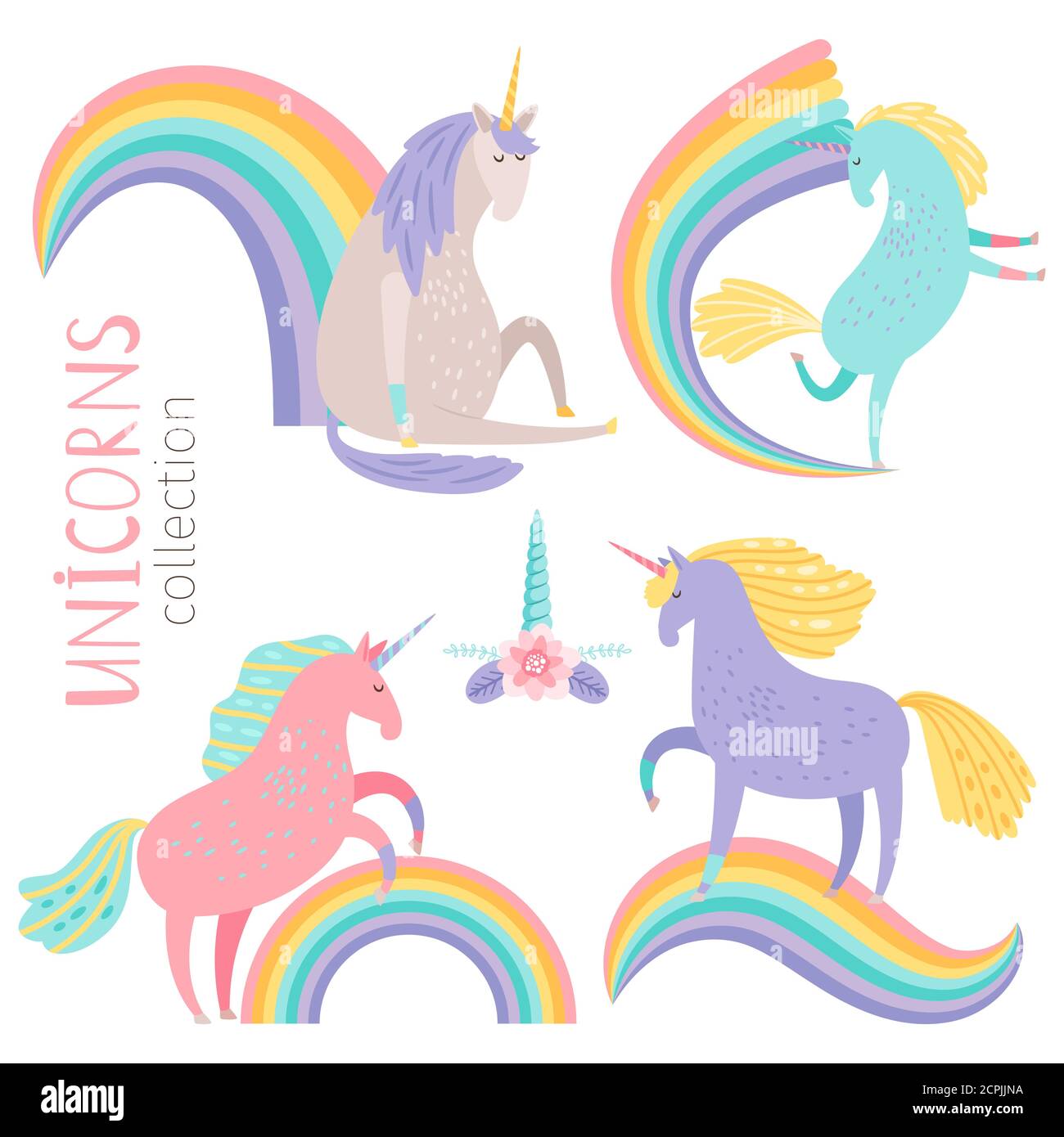 Vector cartoon character unicorns and rainbows isolated on white ...