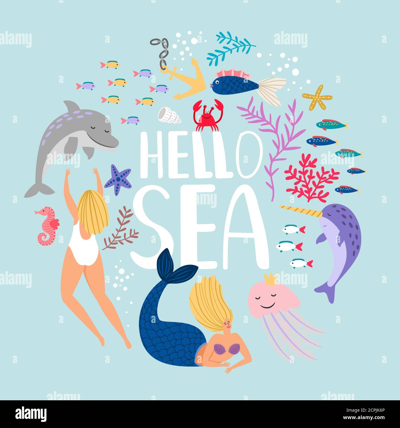 Hello sea, design of t-shirt. Fish algae and sea animals. Vector sea ...