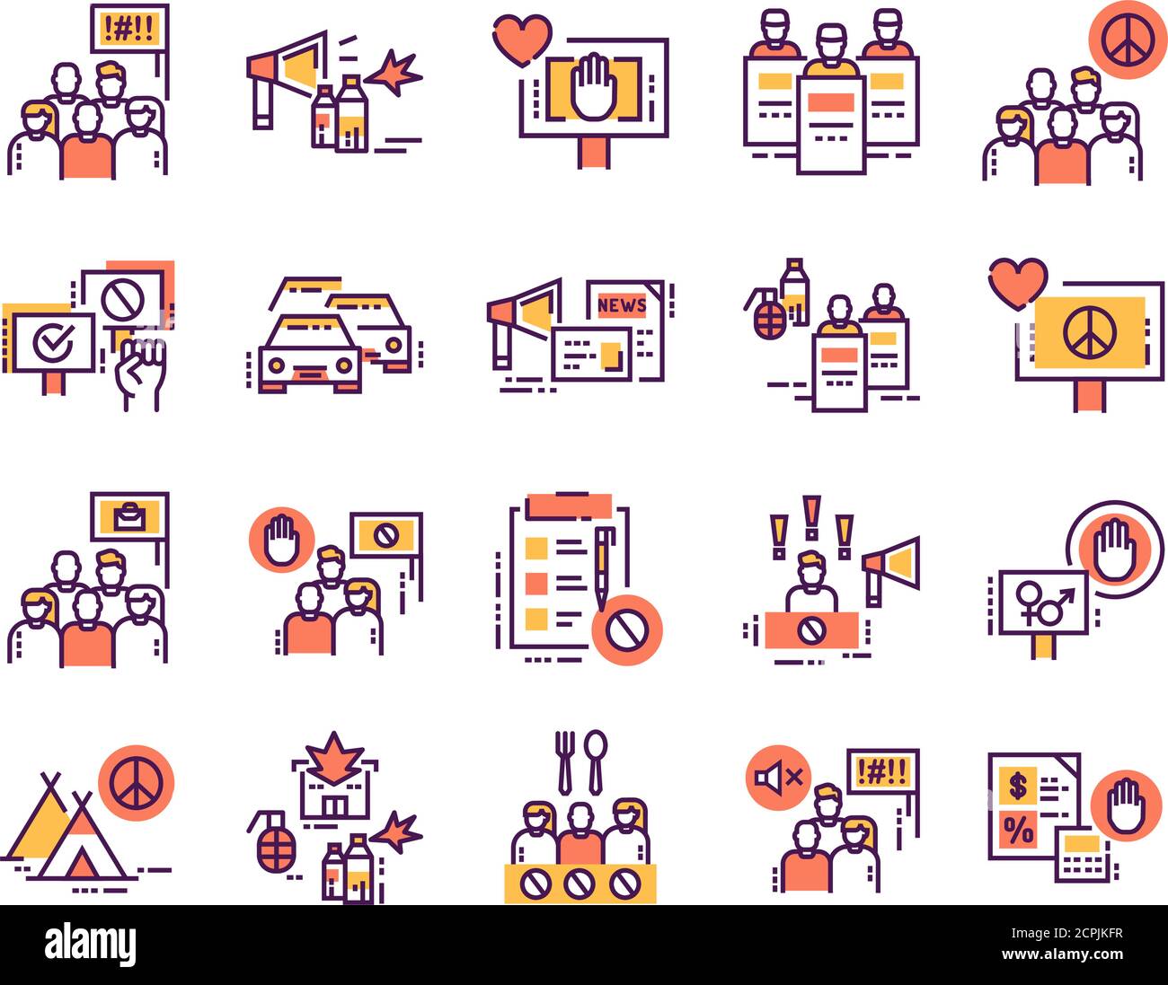 Social protest line color icons set. Protesting against government ...