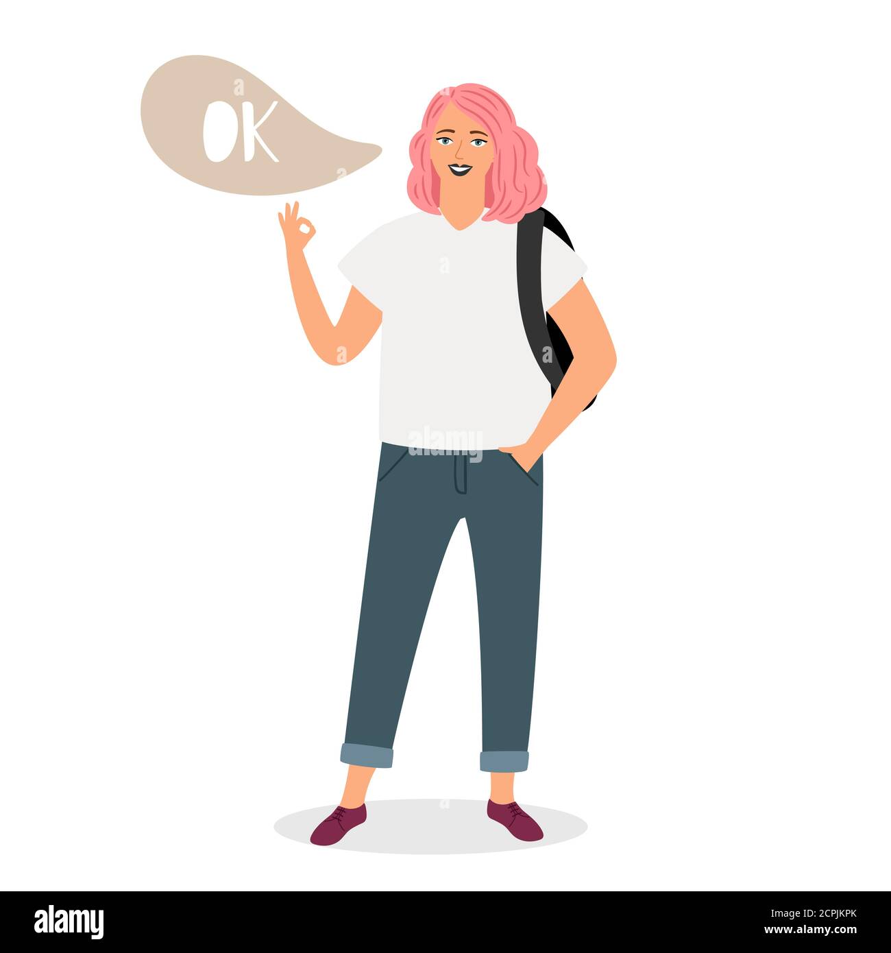 Teenage girl shows sign OK vector illustration. Teenager girl say ok ...