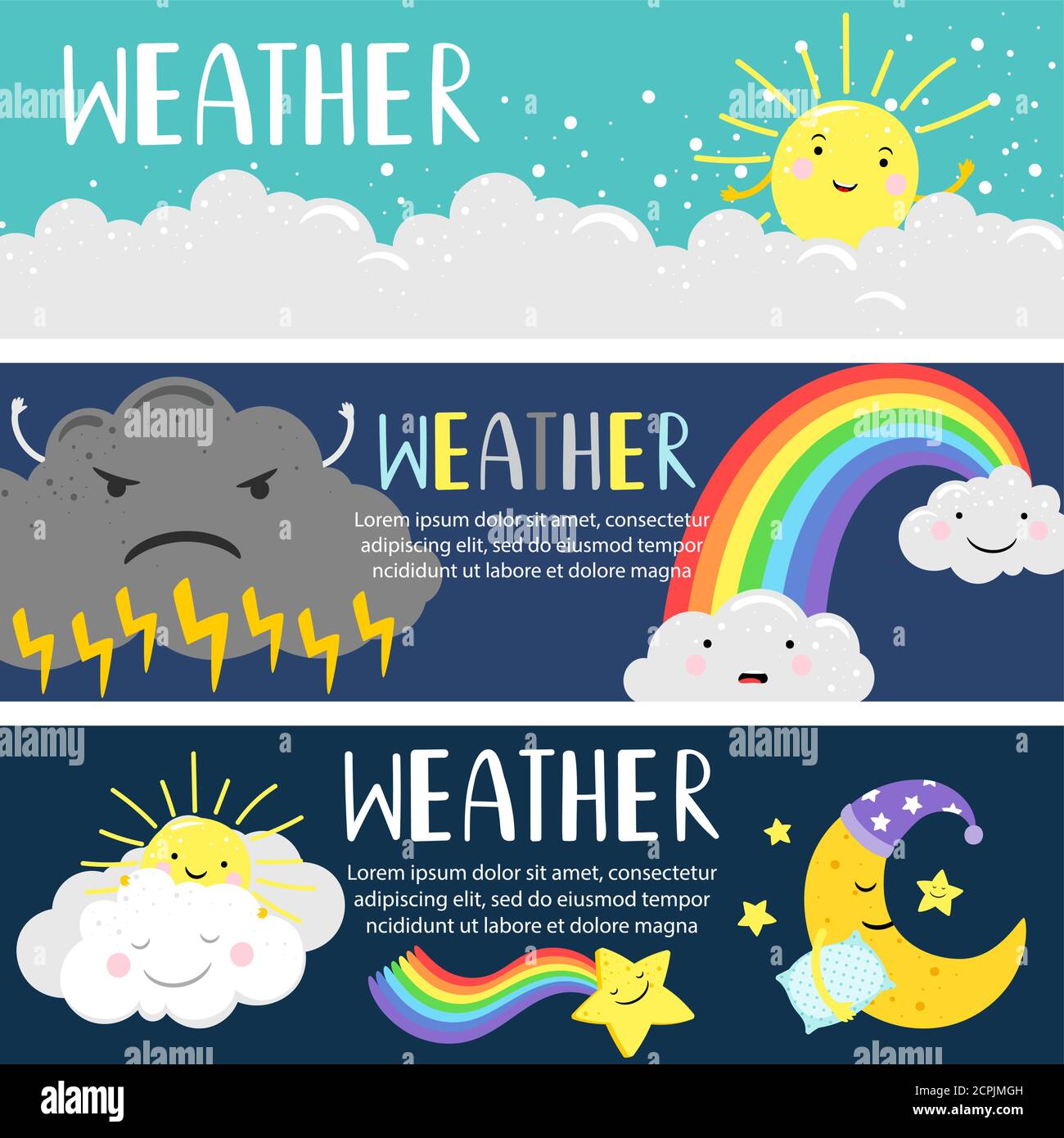Weather banners with cute cartoon sun, moon, clouds vector template ...
