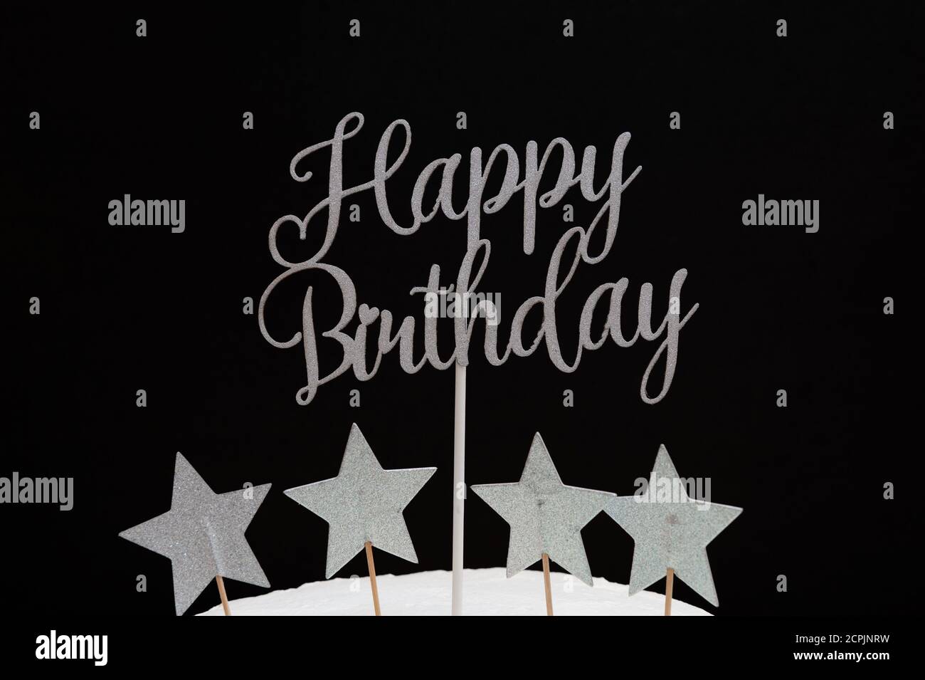 Happy Birthday written in silver letters with star shapes. Isolated on ...