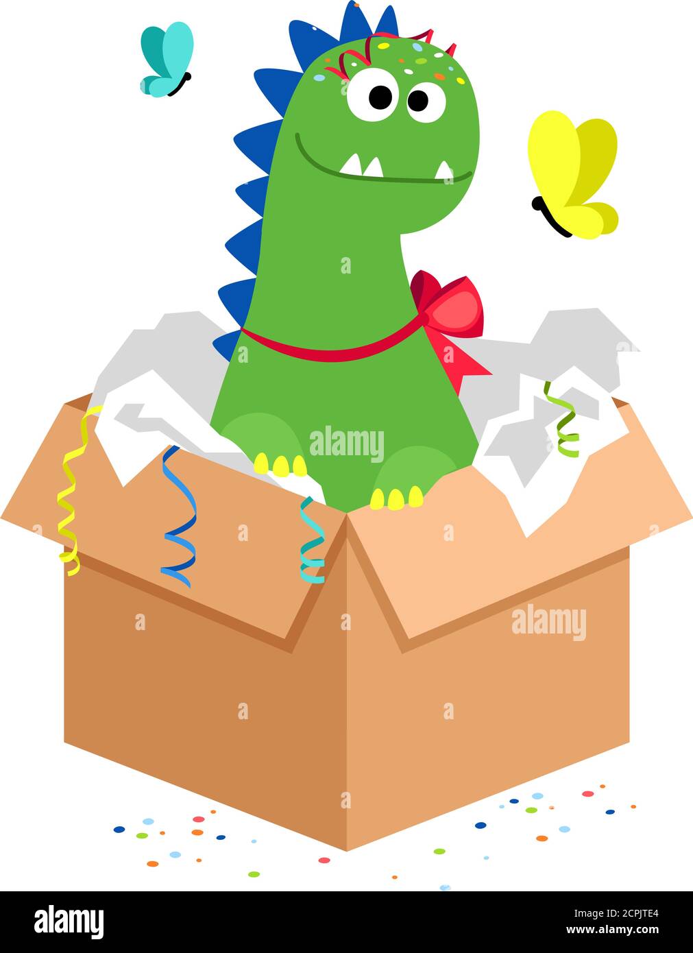 Happy dino in carton box. Kids toy gift. Dinosaur toy animal for play ...