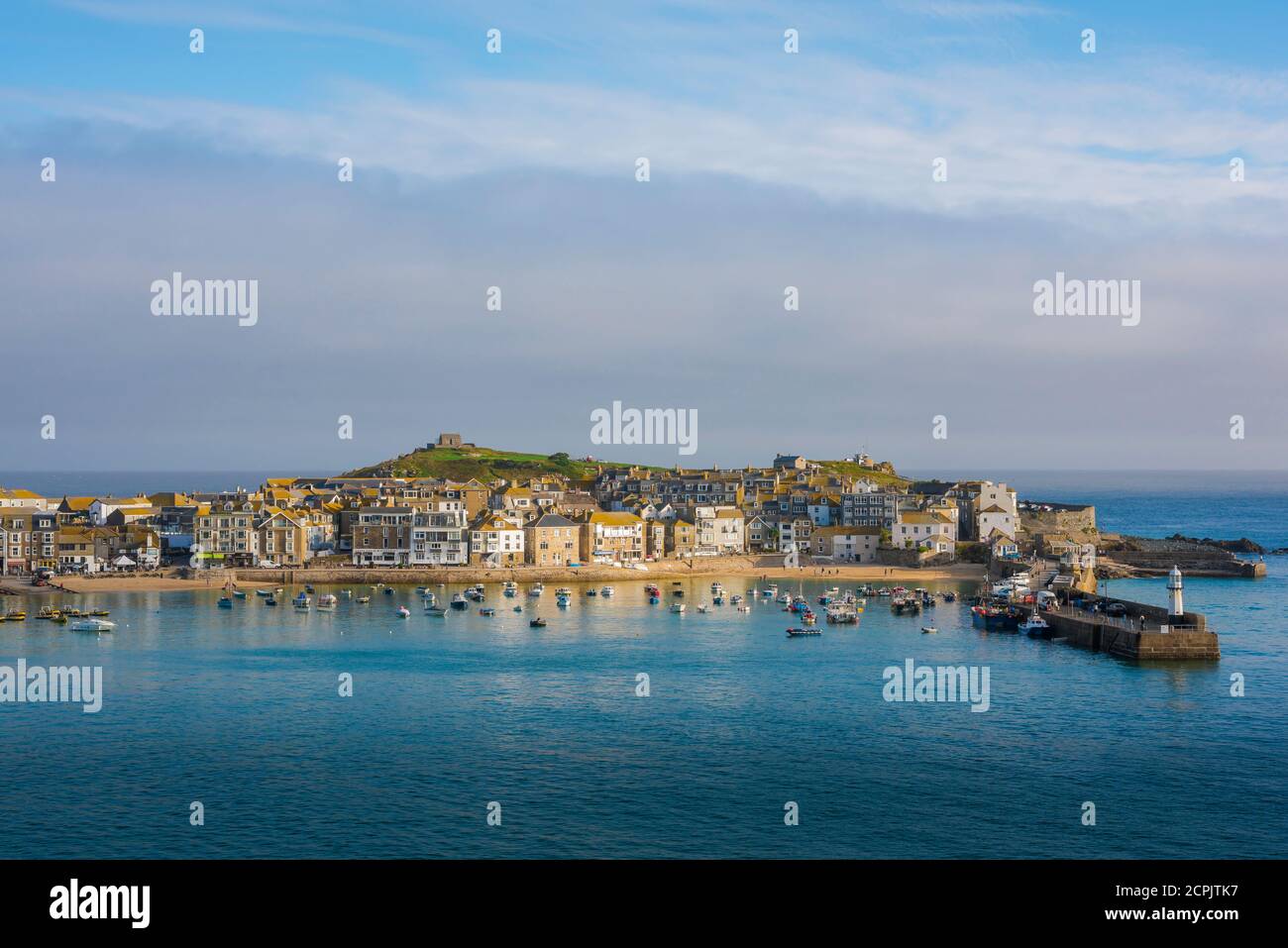 UK seaside, view of the harbour area in the Cornish resort town of St ...