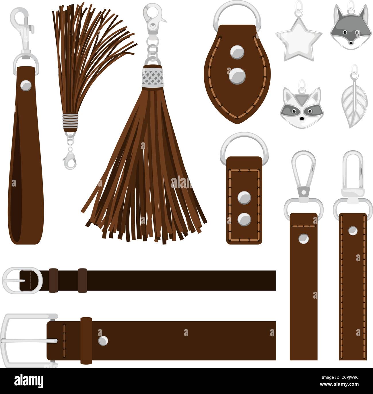 Leather tassels. Vector leather belts, metal buckles and carbines ...