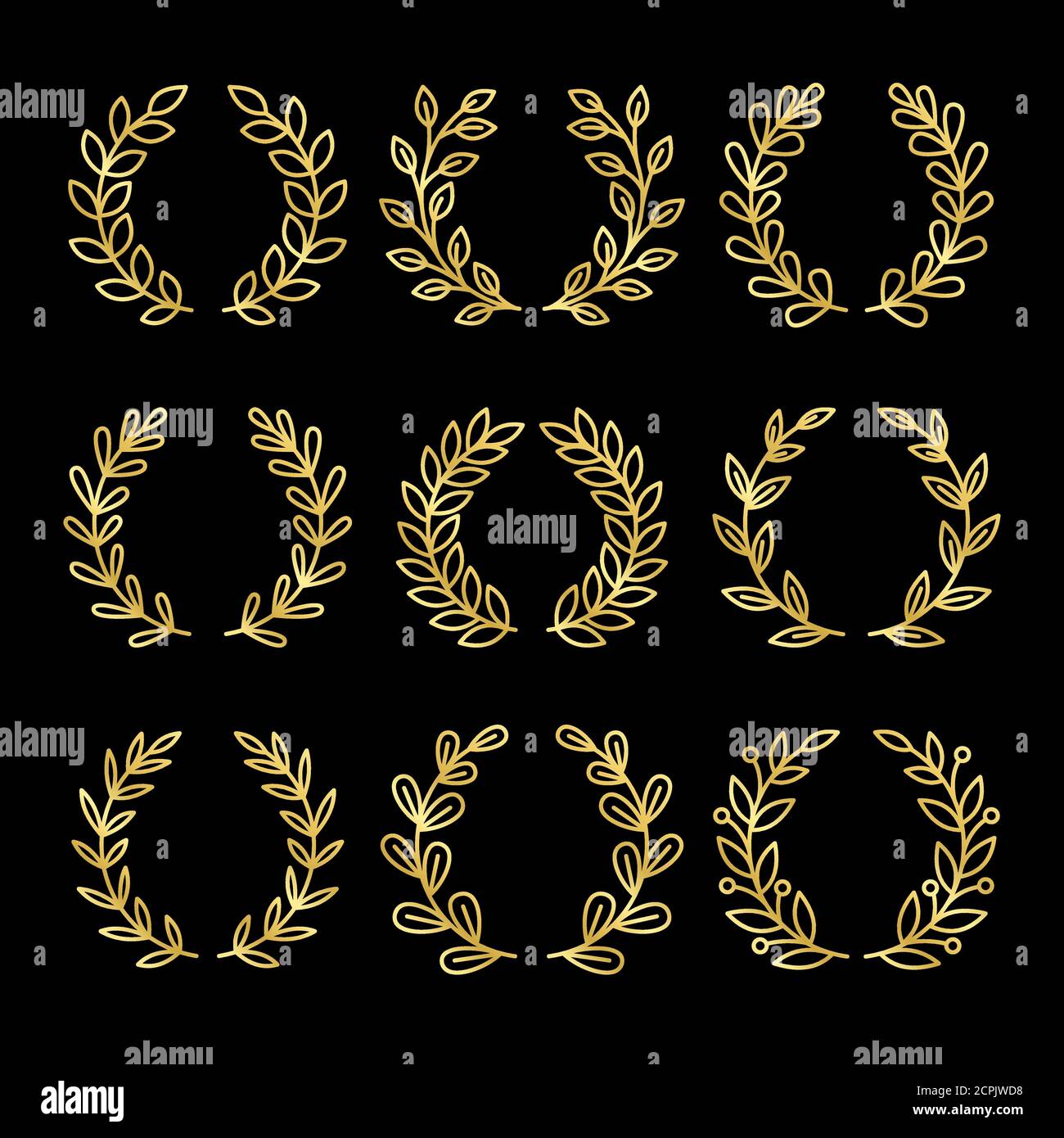 Gold wreaths. Linear wreath set with golden leaves isolated on black ...