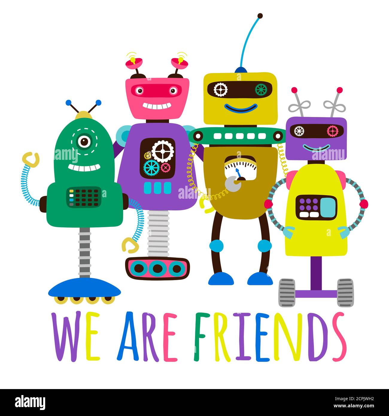 Robots print for kids. Friendship vector concept with cartoon robots ...