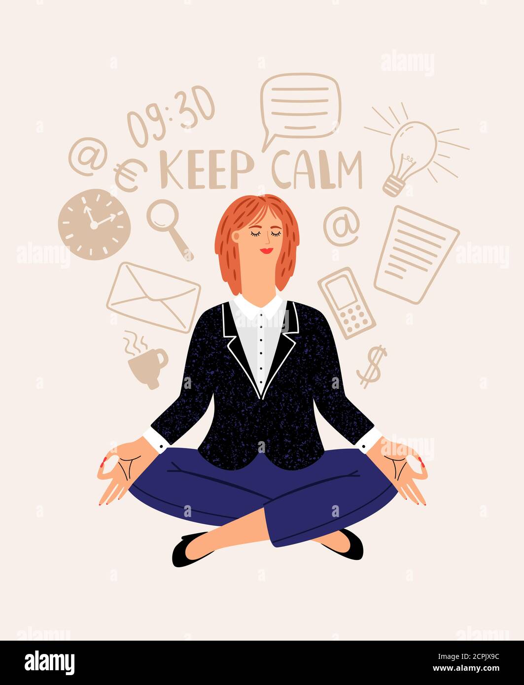 Woman office meditation. Cartoon young businesswoman relaxing meditates ...