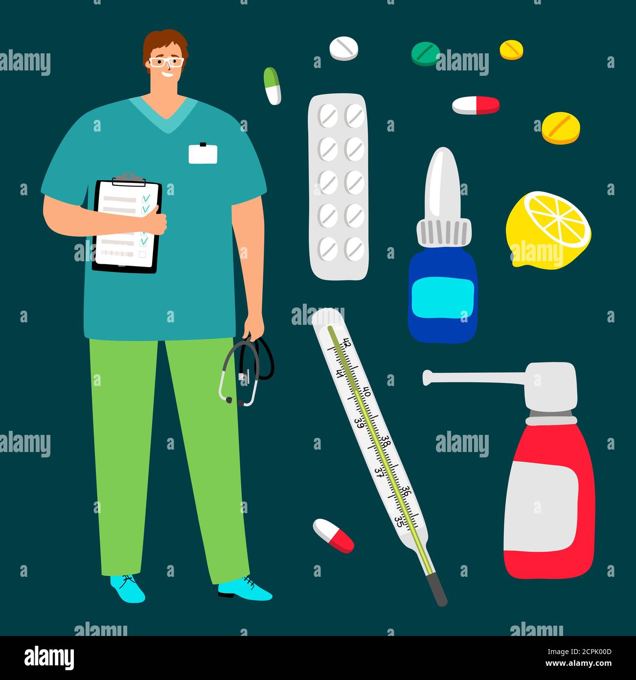 Doctor, pills and medications icons on dark background, vector ...