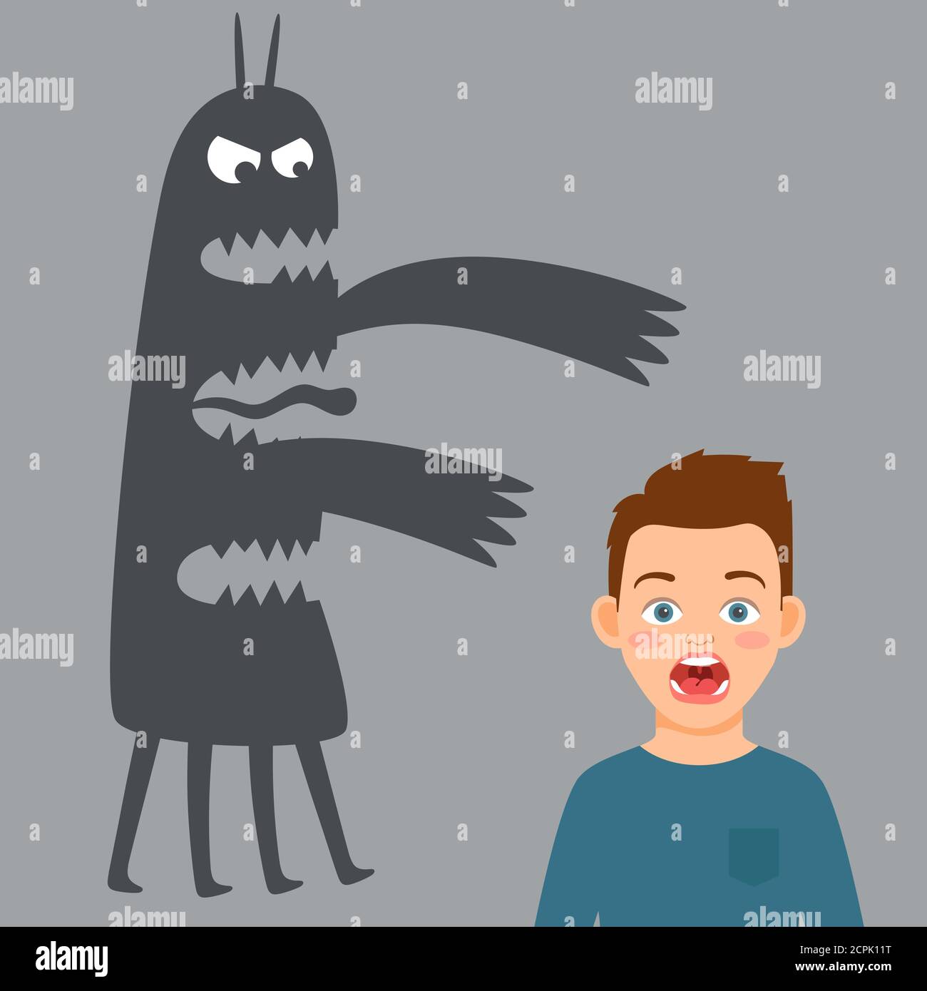 Scared boy and fear monster vector illustration. Man and monster shadow ...