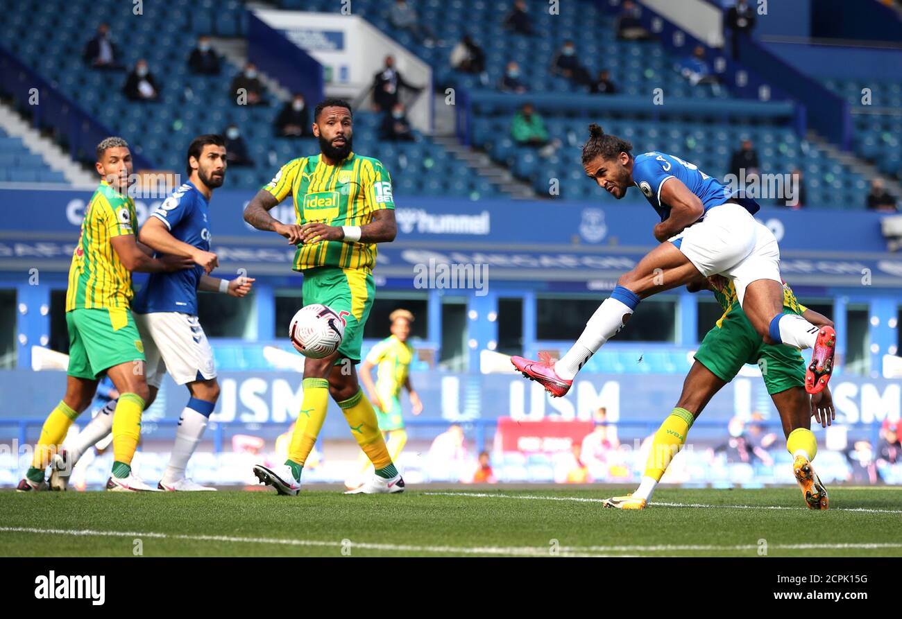 Everton's Dominic Calvert-Lewin (right) puts a header wide during the ...