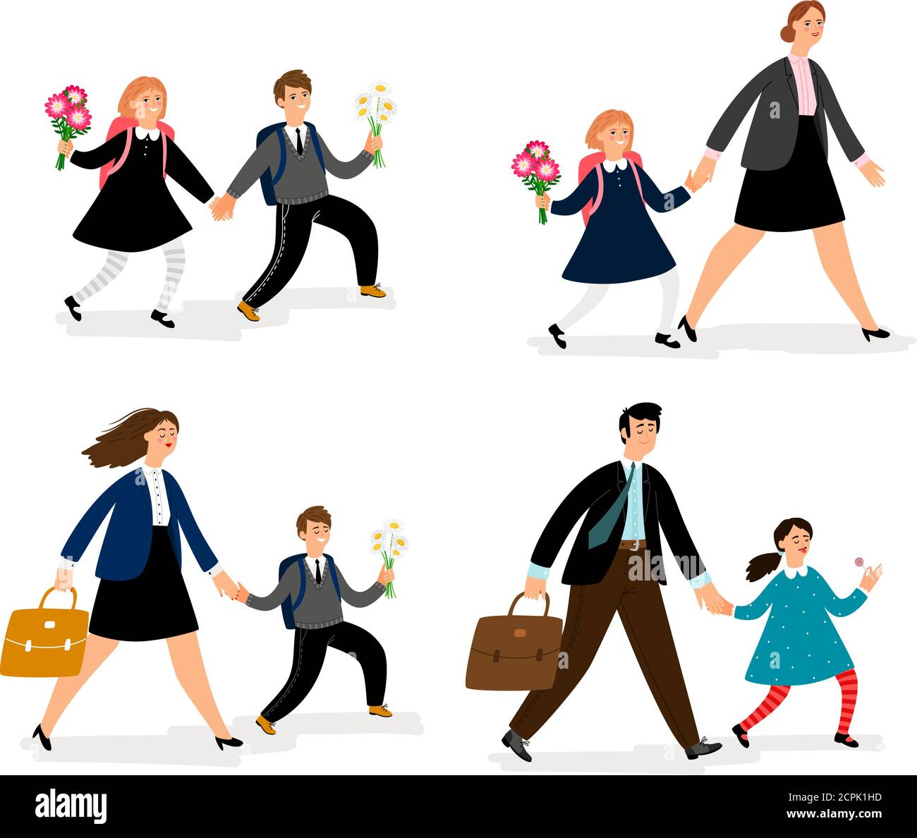 People go to school. Parents lead their children to school flat vector ...