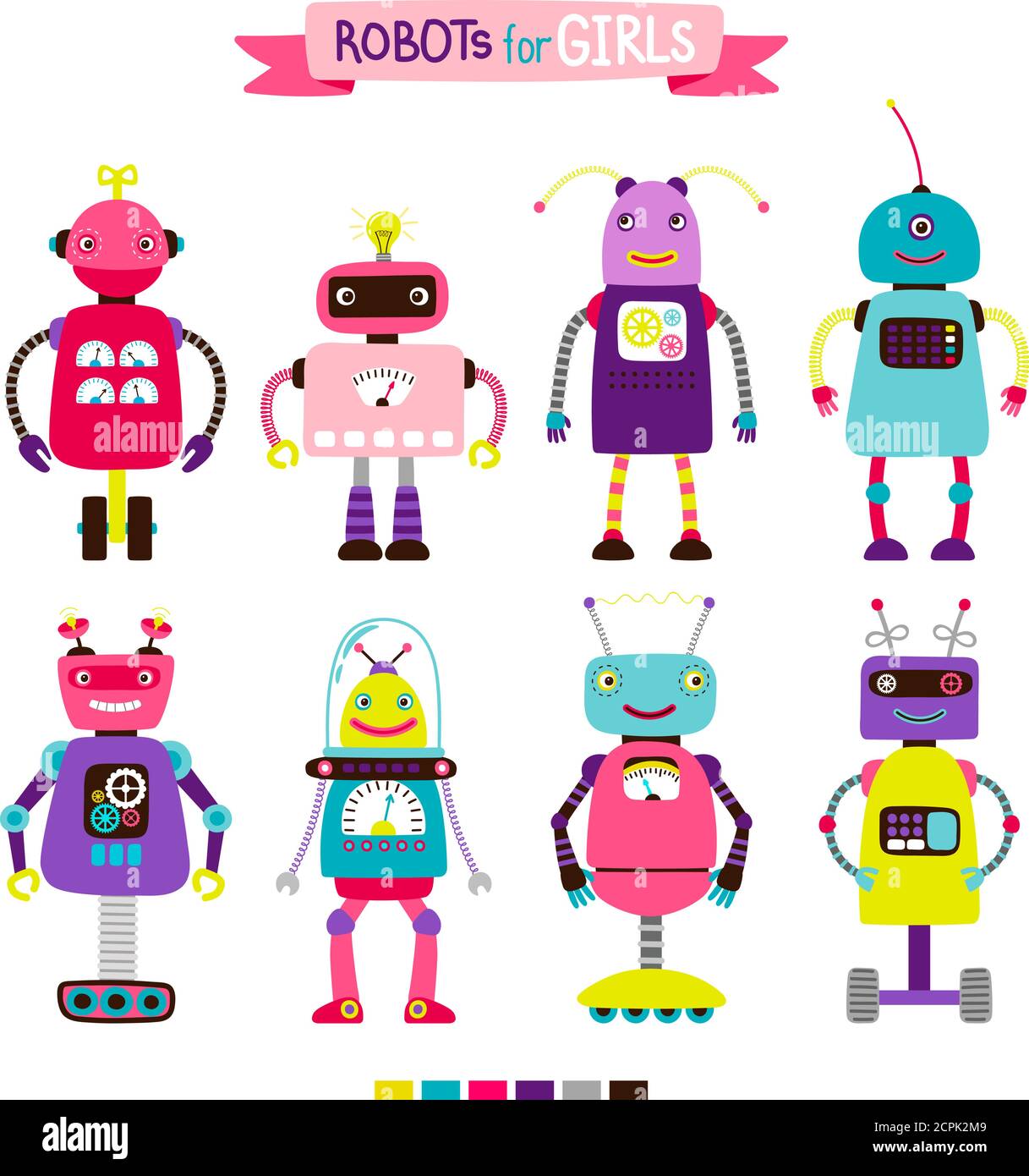 Cute cartoon robots set for girls, isolated on white background, vector ...