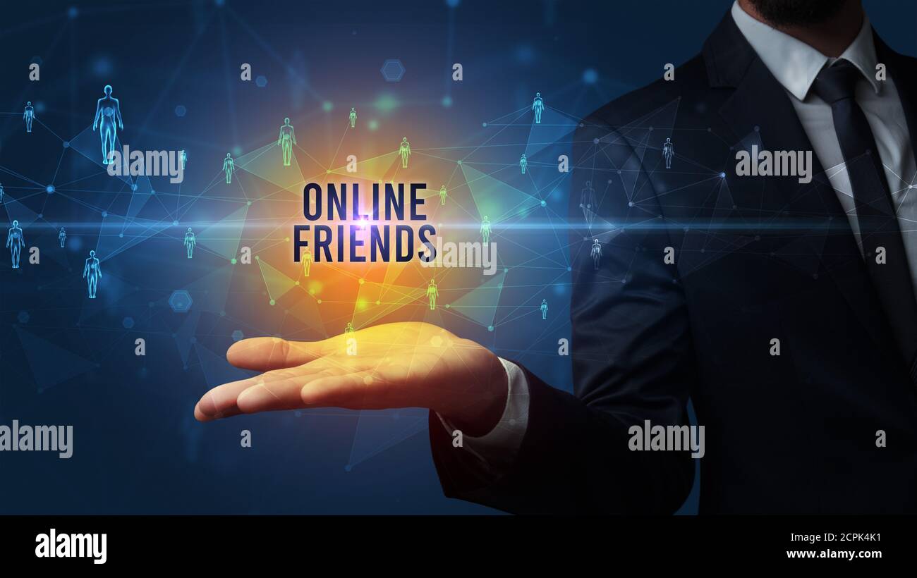 Elegant hand holding ONLINE FRIENDS inscription, social networking ...